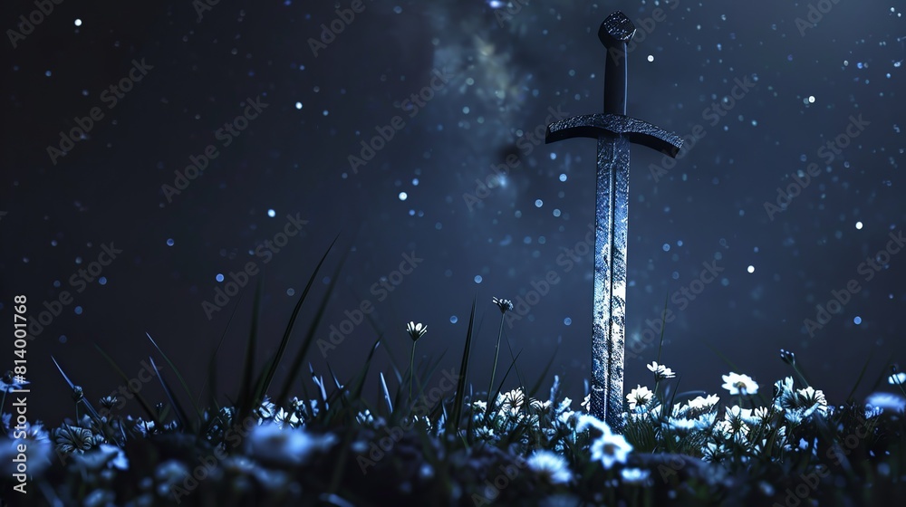 night sky, stars, ultra-realistic templar sword on the ground, flowers ...