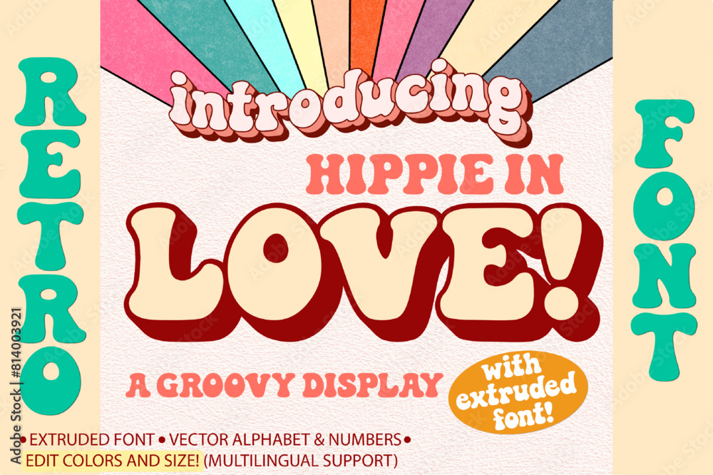 Vetor de Retro Font with Extrude Groovy Alphabet - Hippie in Love ...