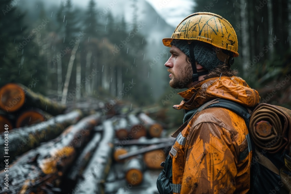 Man in orange rain gear contemplates forest clearing, waterlogged logs ...