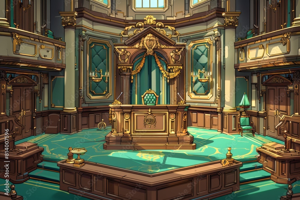 A detailed illustration of a courtroom, with each object (gavel, robe ...