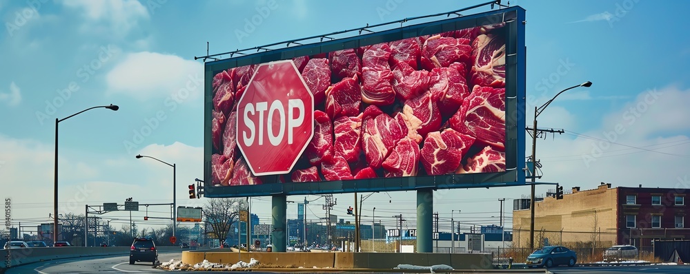 A digital billboard displaying a rotating stop sign over images of ...