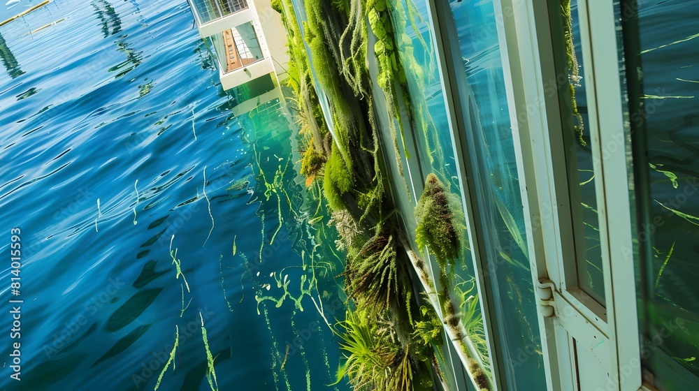 flooded city, Aquatic plants and algae growing on the sides of ...