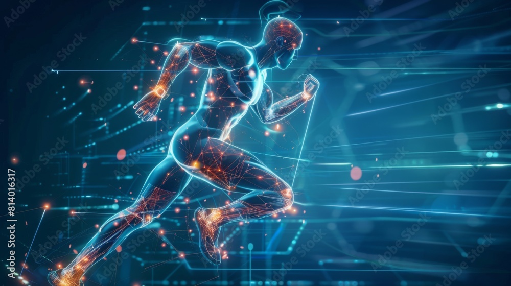 A stylized digital human figure in a dynamic running pose, surrounded ...