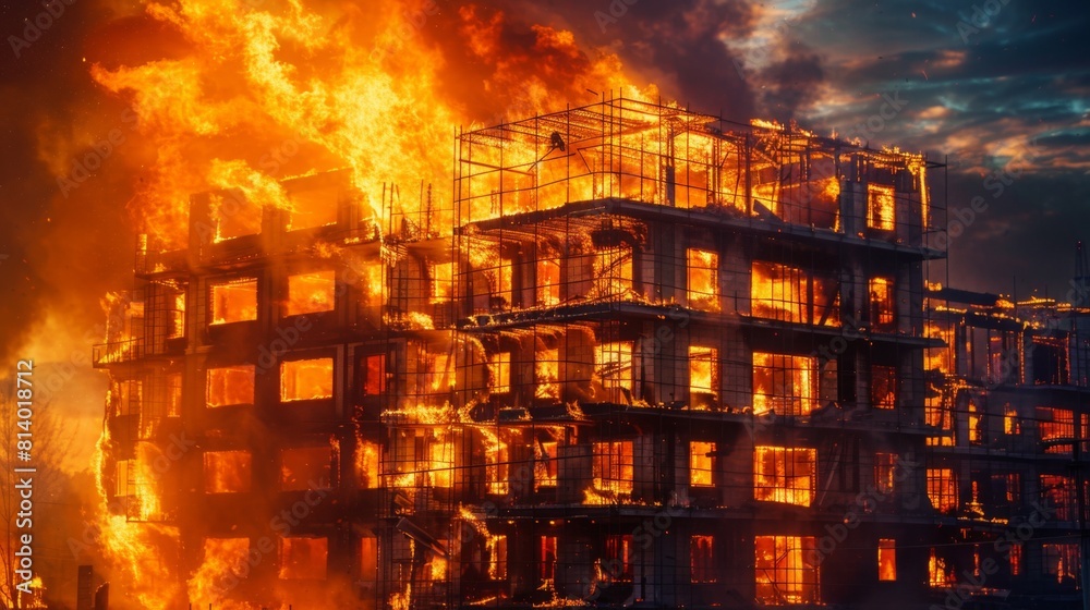 A large multi-story building is consumed by an intense fire under the ...