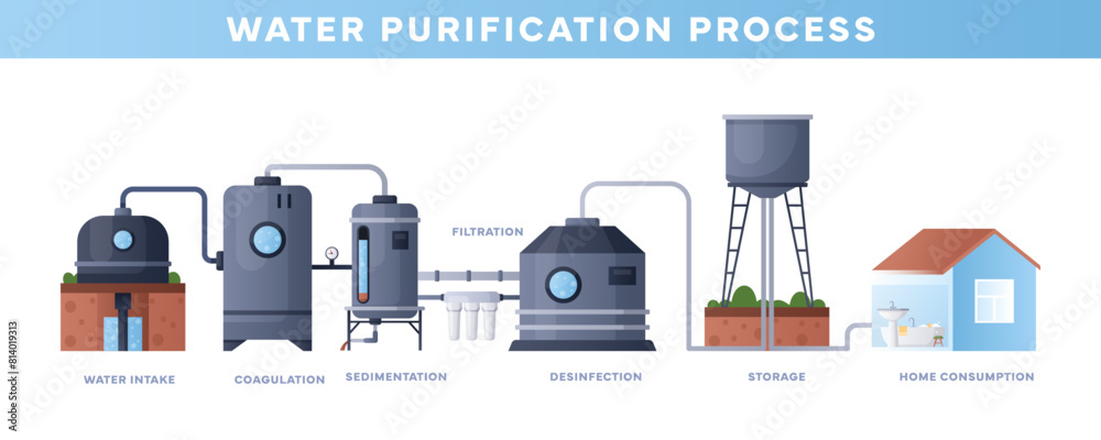 Water purification. Vector infographic of storing and filtering, system ...