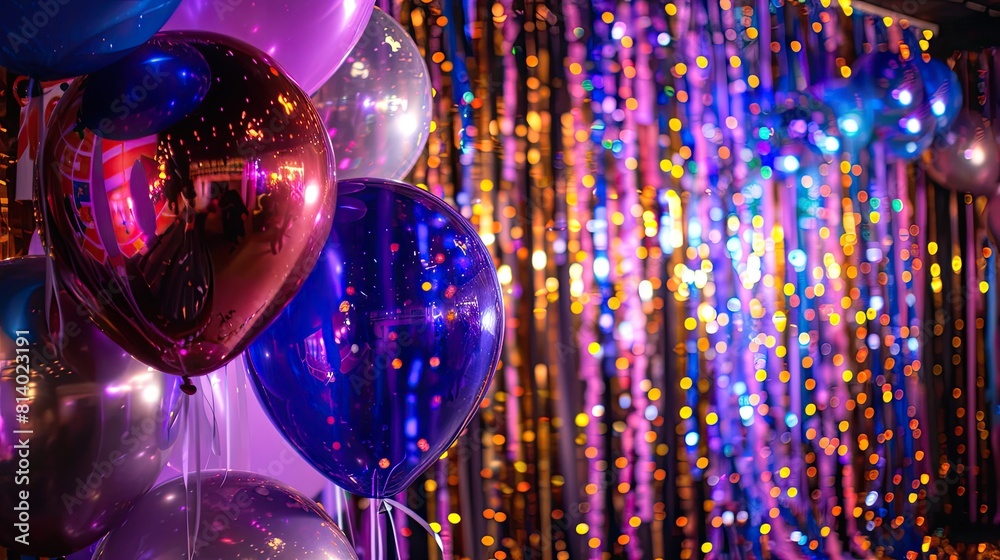 carnival themed party with multicolored streamers, big bright balloons ...