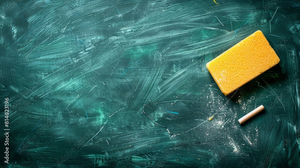 Green chalkboard with a yellow sponge and a piece of chalk ...