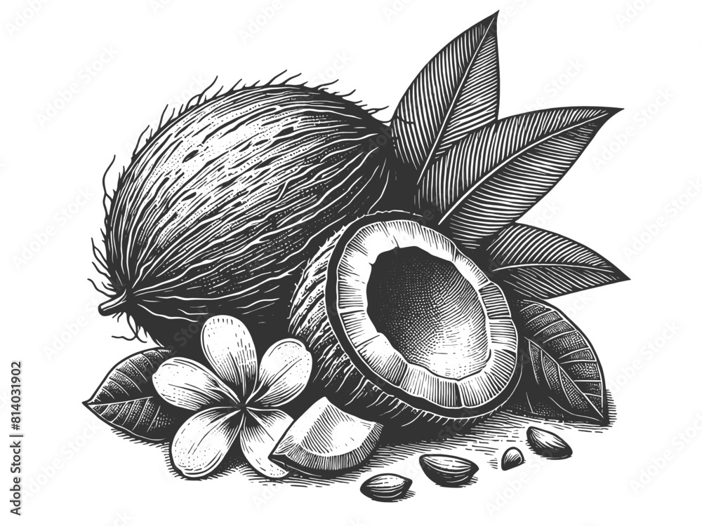 Coconut whole and sliced, a tropical fruit staple sketch engraving ...
