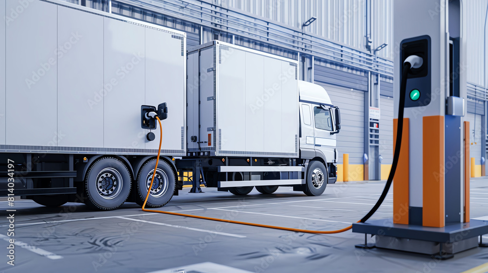An industrial electric truck connected to a large power supply at a ...