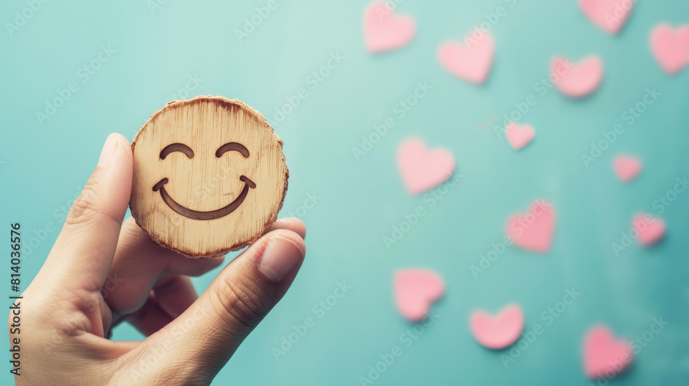 Hand holding smiley face wood cutout symbolizing positivity and love ...
