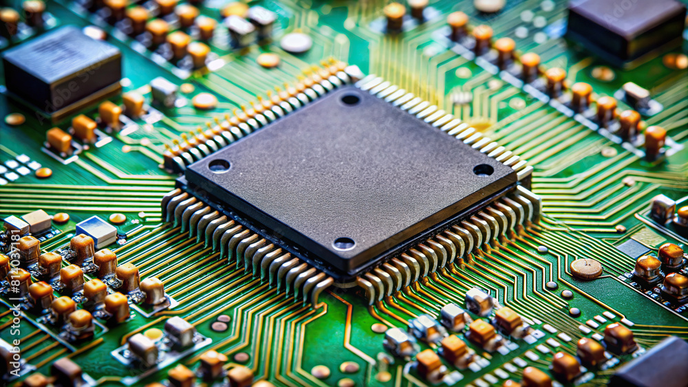 Extreme close-up of a microcontroller with visible pins and circuitry ...