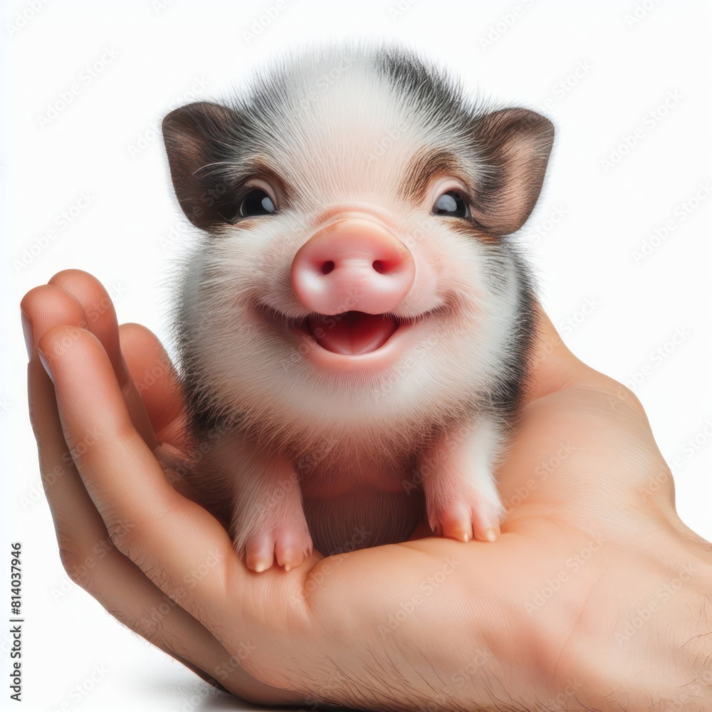 side view real photo small pig on hand smiles widely Isolated on white ...