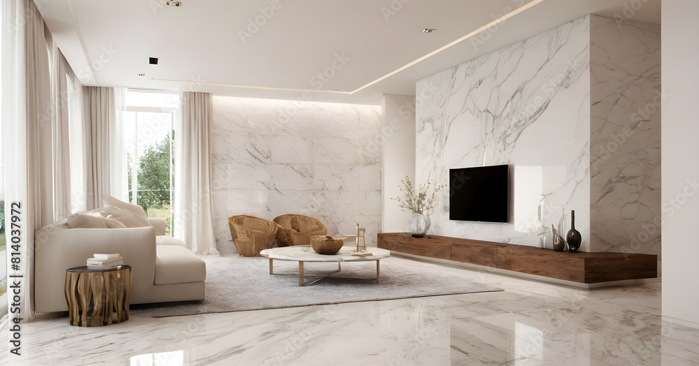 Contemporary living room with elegant white marble walls, modern ...