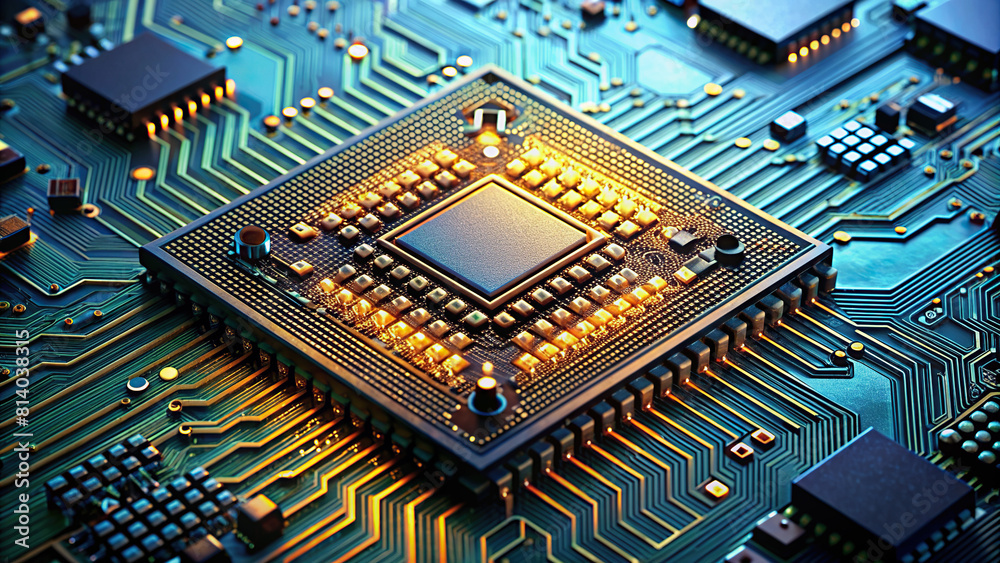 Detailed macro shot of a microprocessor illustrating the intricate ...
