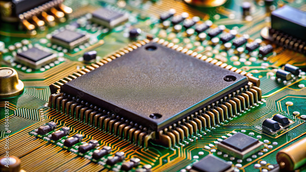 Extreme close-up of a microcontroller with visible pins and circuitry ...
