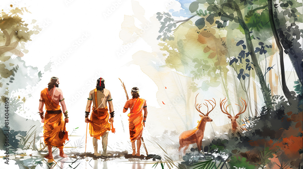 Beautiful digital painting of Lord Rama and brothers hunting in forest ...