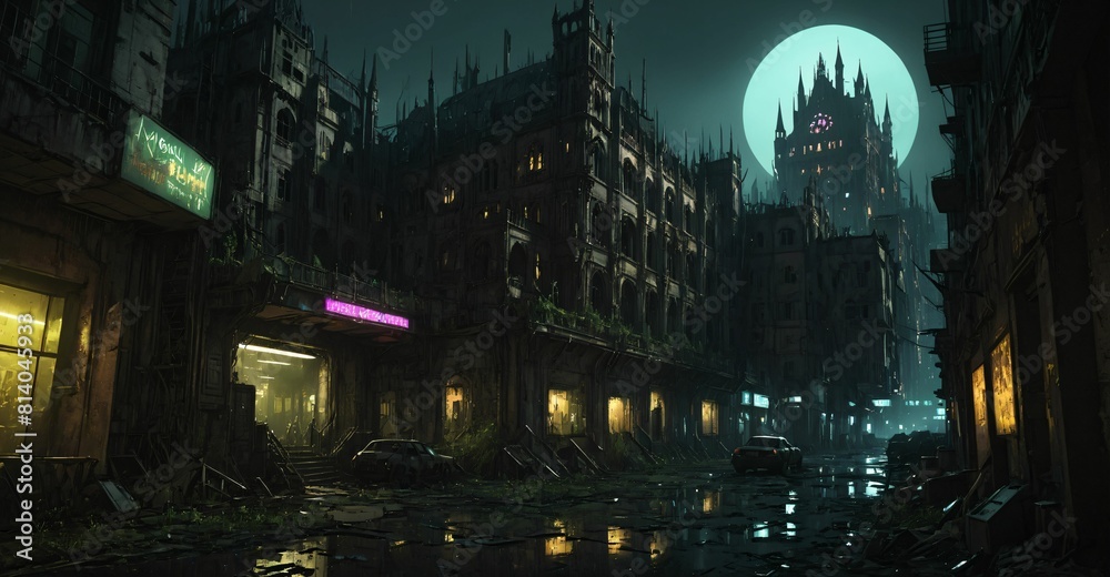 Gothic cyberpunk city buildings exterior. Baroque goth sci-fi castle ...