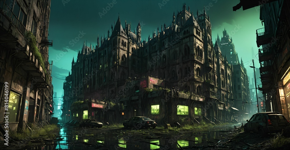 Gothic cyberpunk city buildings exterior. Baroque goth sci-fi castle ...