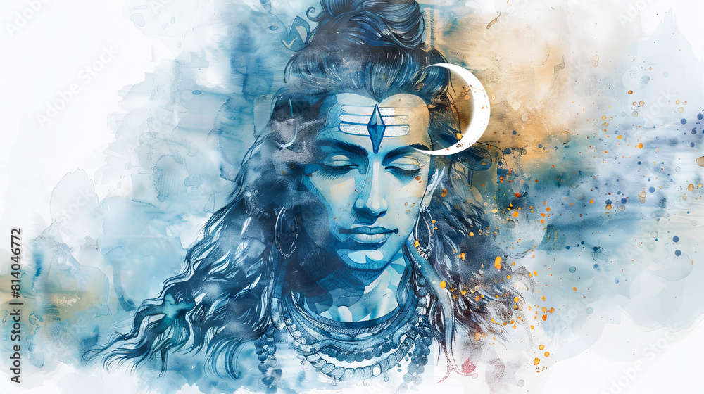 Mystical digital artwork of lord Shiva with a radiant crescent moon ...