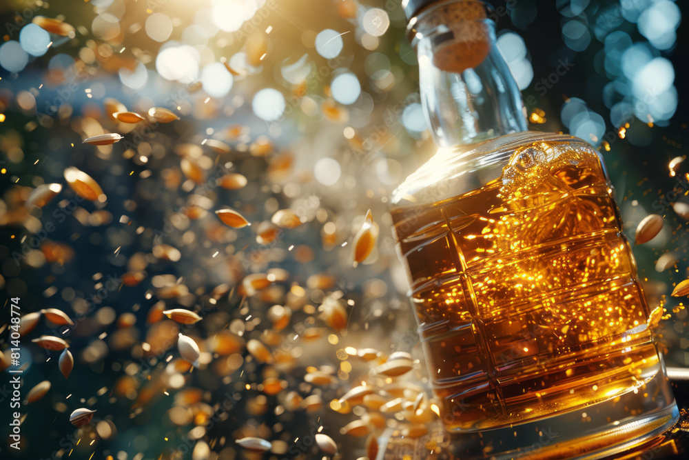 Surreal depiction of a bottle of whiskey and a glass, with barley ...