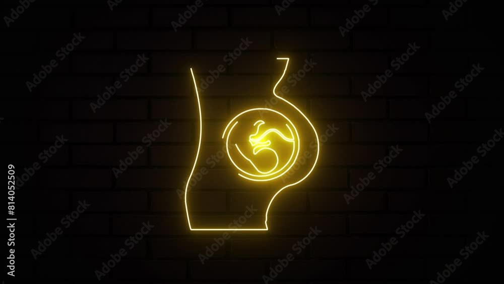 Glowing yellow neon prenatal human child with placenta silhouette ...