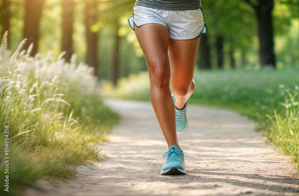 Slender legs of a jogger in short shorts and sports sneakers going for ...