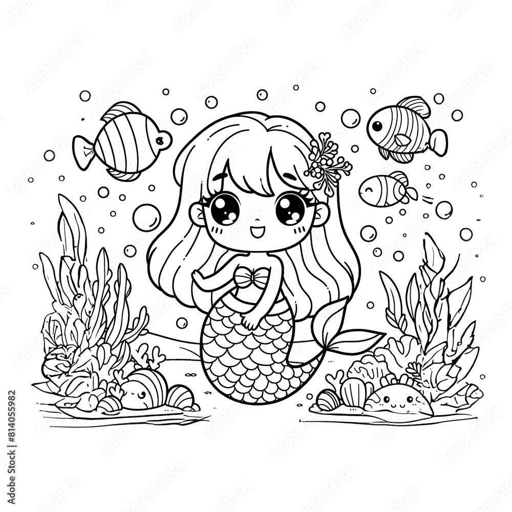 Coloring page with cute mermaid girl. Outline illustration. Black and ...