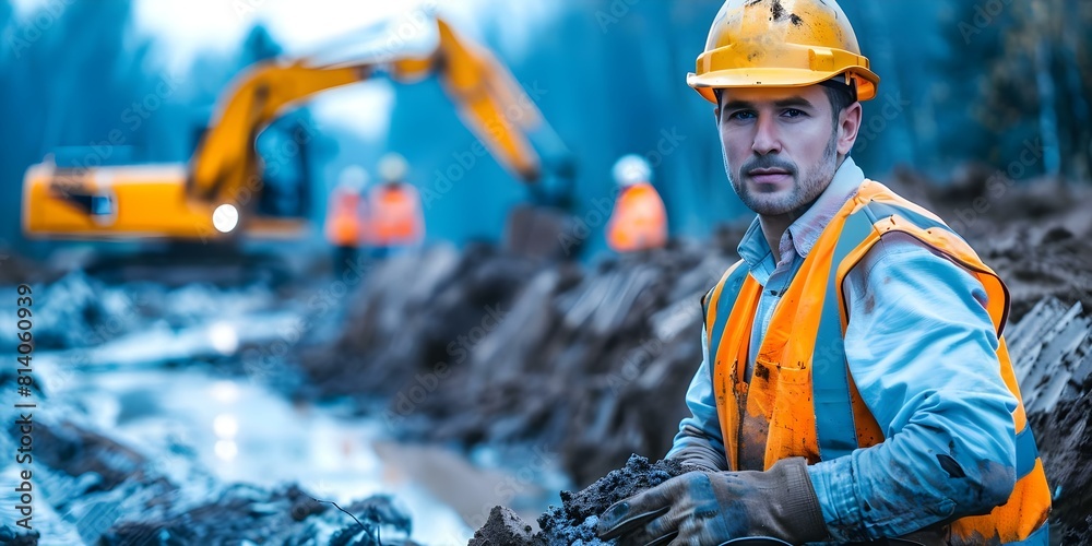 Engineer leads team in water drainage excavation with excavator for ...