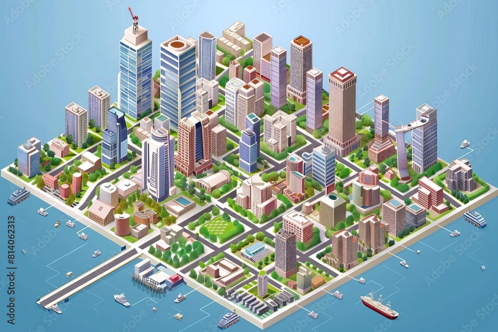 isometric modern city map with living and commercial buildings 3d ...