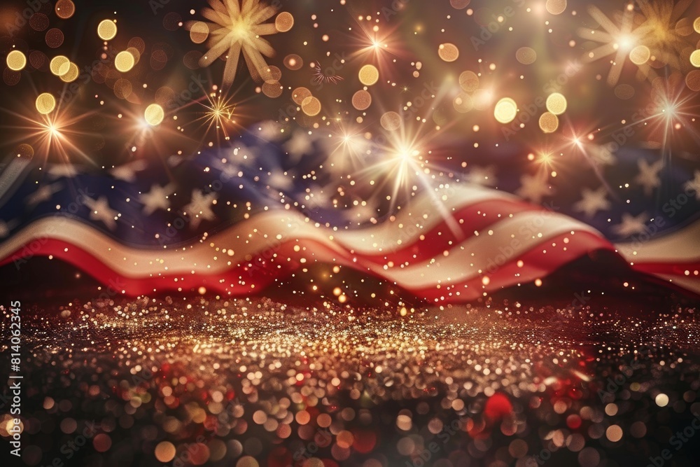 4th of July American Flag sparkling with light particles and Fireworks ...
