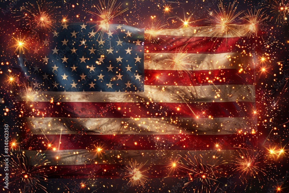 4th of July American Flag sparkling with light particles and Fireworks ...