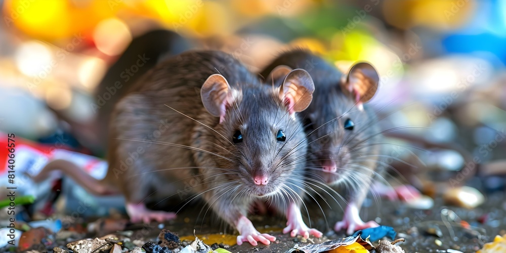 Rats infest trash due to human pollution posing health risks as disease carriers. Concept Urban ...