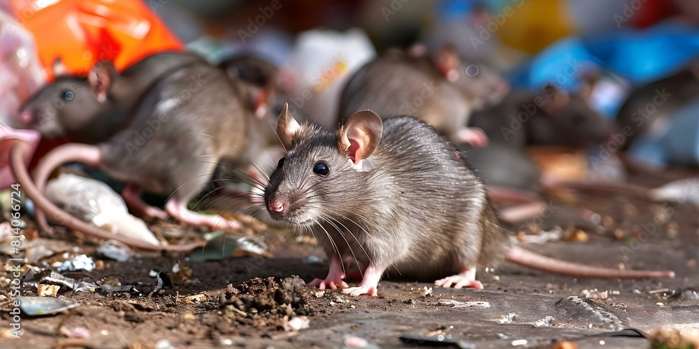 Rats infesting trash due to human pollution posing health risks as disease carriers. Concept Rat ...