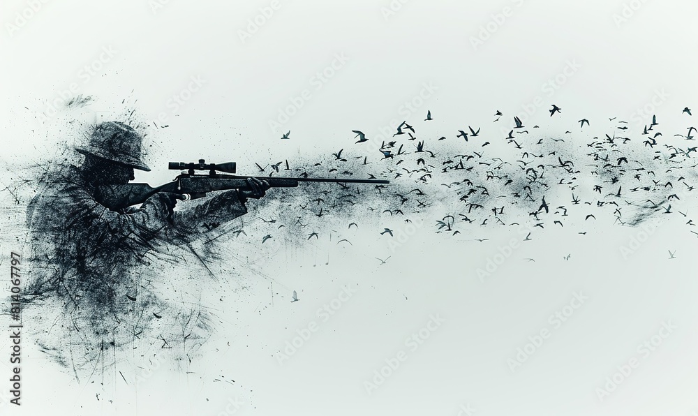 Silhouette of a man with a sniper rifle and flying birds Stock ...