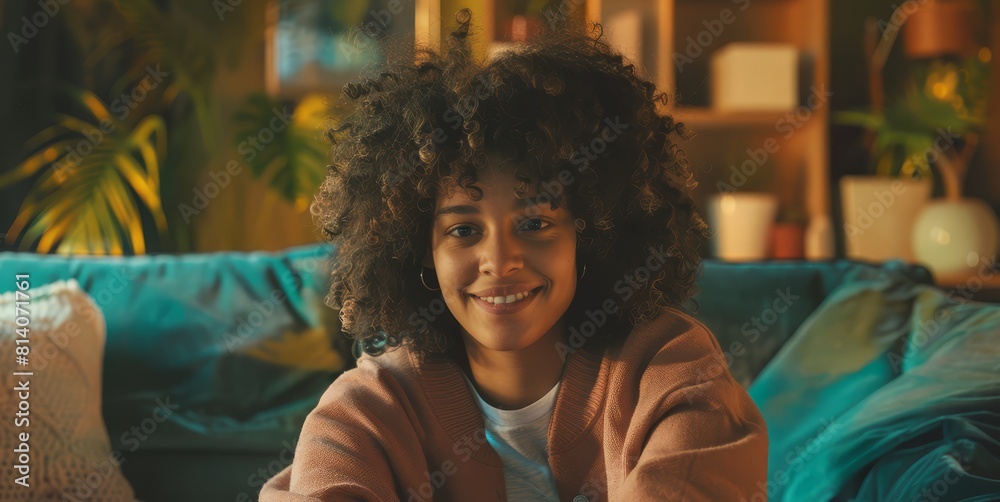 Curly-haired Latin woman smiling using digital devices for remote work ...