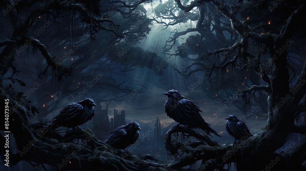 Illustration of many crows sitting on a tree branch in a dark forest ...