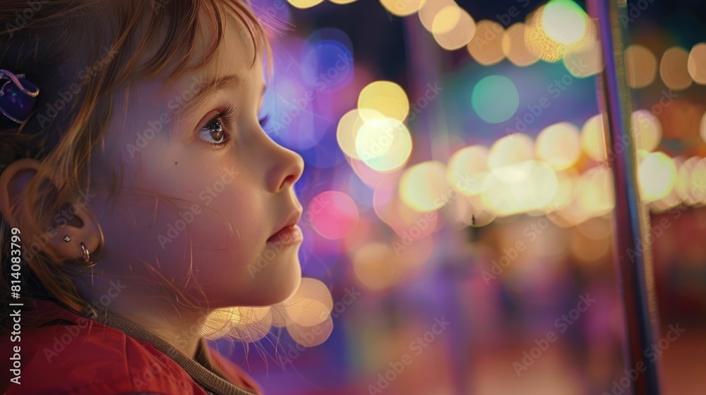 A smiling little girl gazes up at the ferris wheel with wonder, her ...