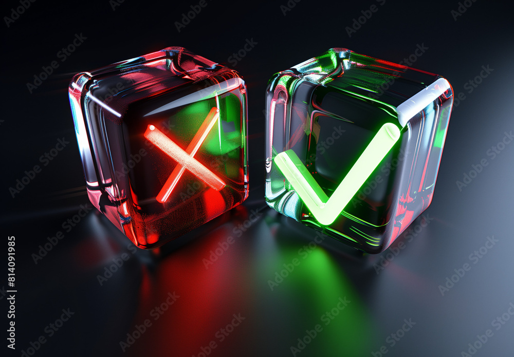 3d icon of an illuminated green check mark and red X on two different ...