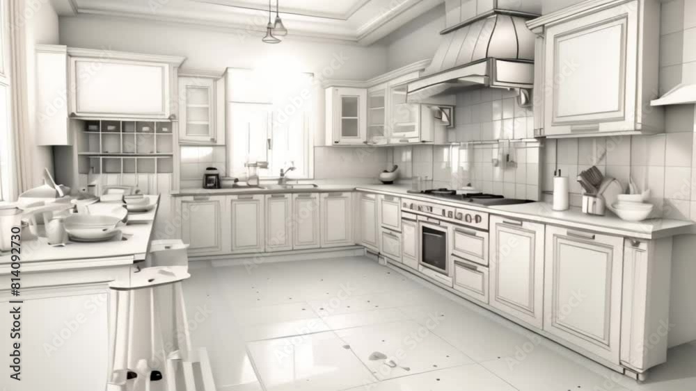 A detailed drawing of a kitchen featuring pristine white cabinets and ...