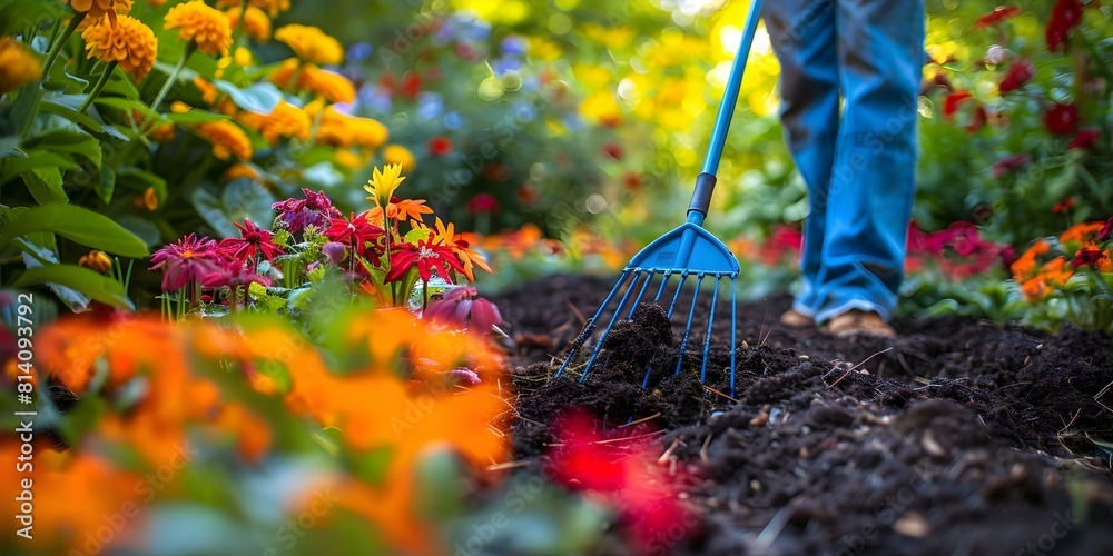 Gardener using a rake to clear debris and till soil in a community ...