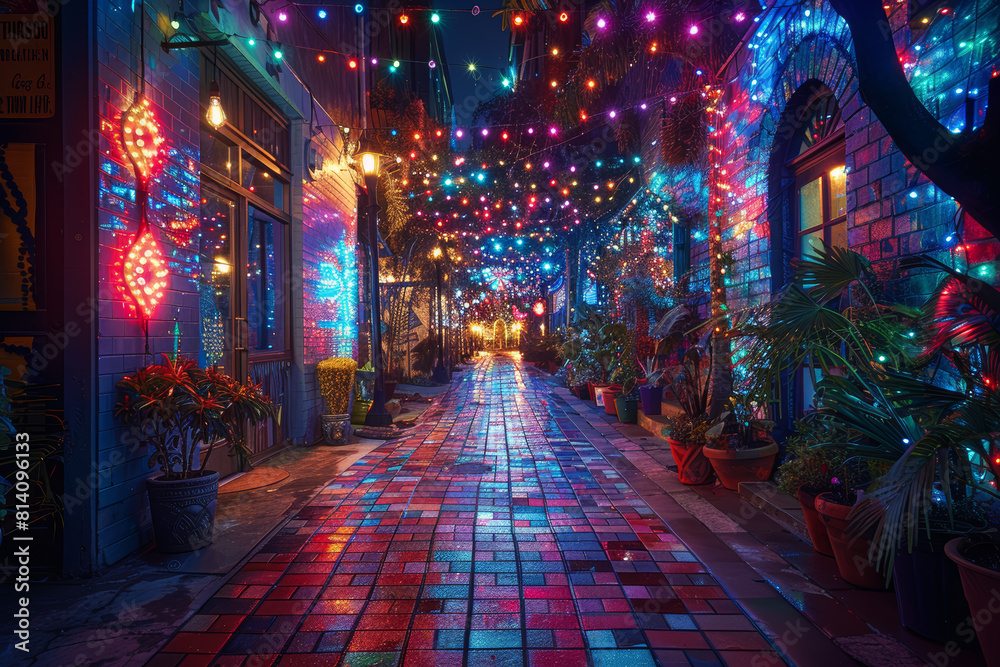 A funky street art installation adorning the walls of an urban alley ...