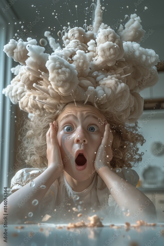 Funny shocked little kid with smoke cloud of nuclear explosion overhead ...