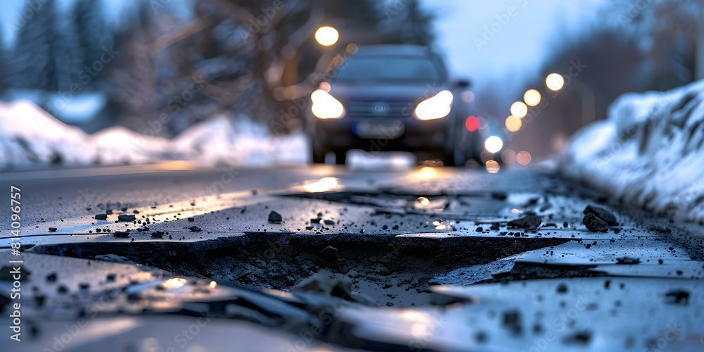 Potholes on damaged asphalt road pose a hazard to cars. Concept Road ...