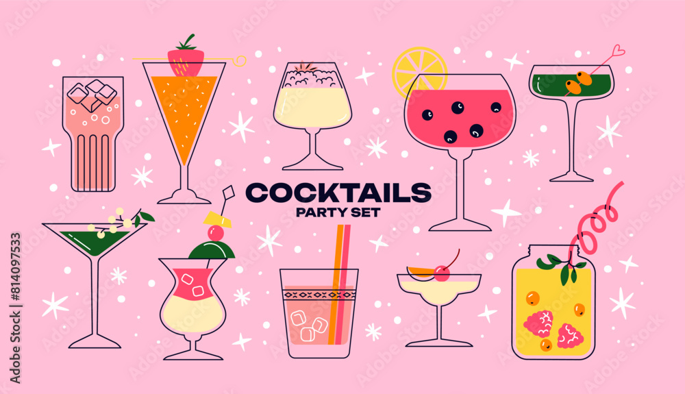 Set alcoholic cocktails in glasses in cartoon retro style of different ...