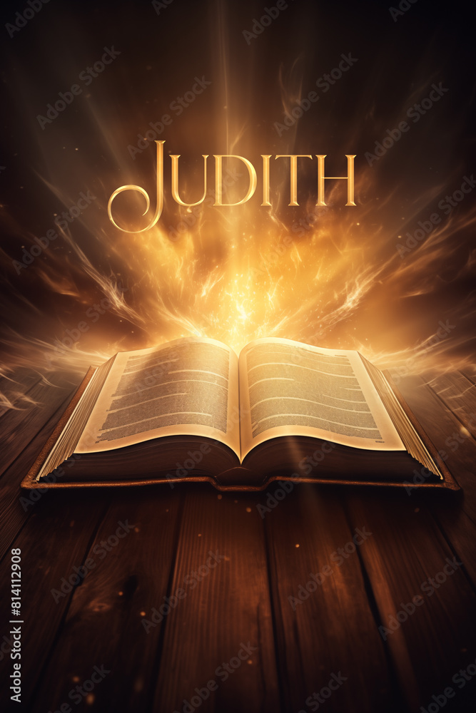 Book of Judith. Open glowing Bible set on wood. Rays of golden light emanating from the book ...