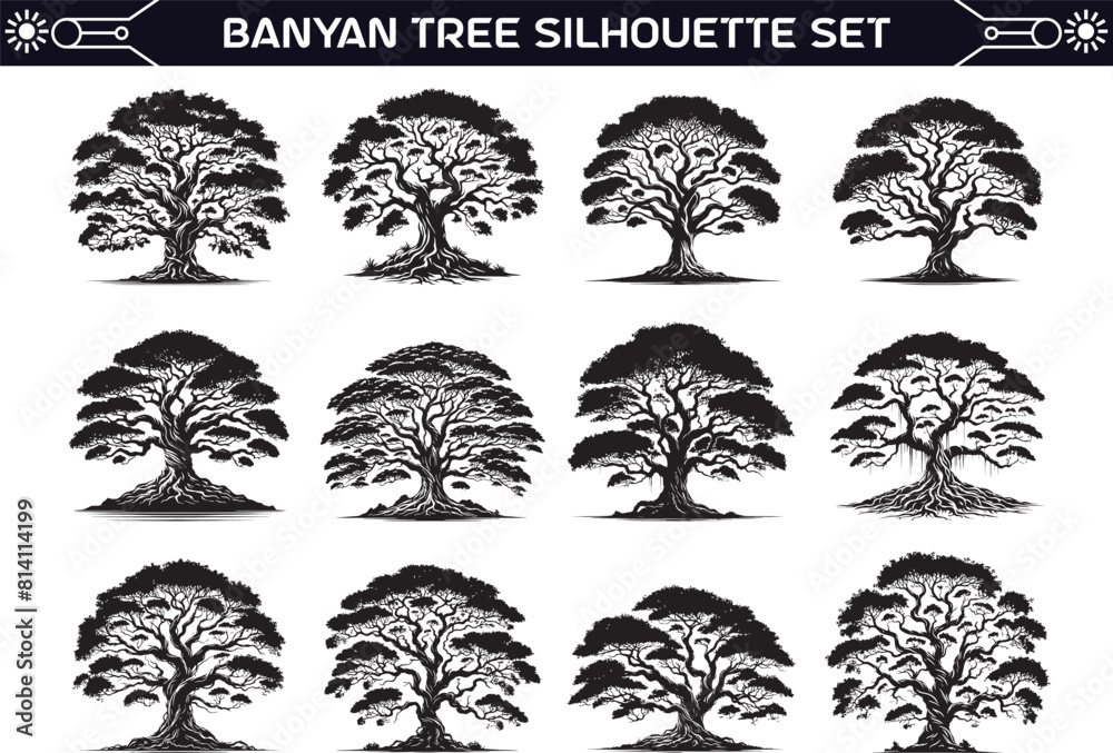 Banyan Tree Silhouette Vector Illustration Set Stock Vector | Adobe Stock