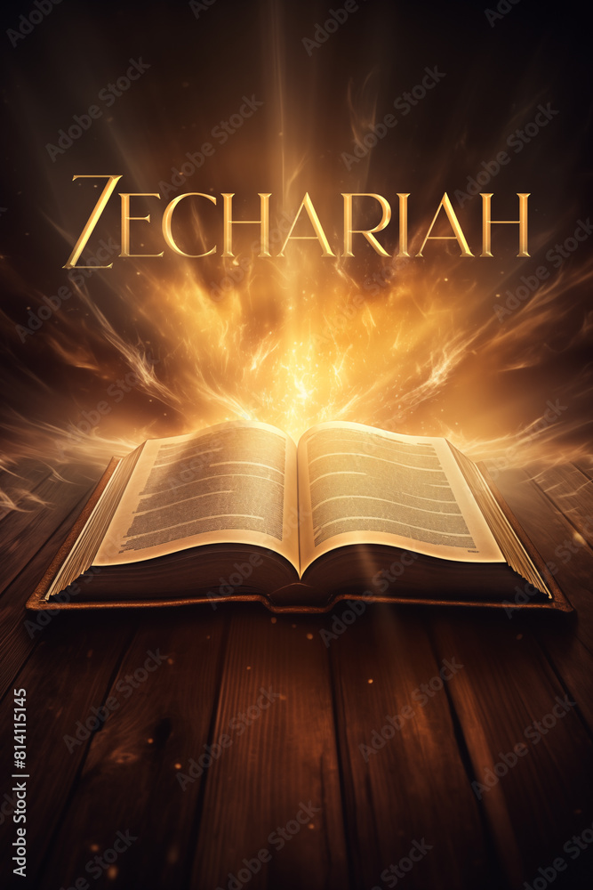 Book of Zechariah. Open glowing Bible set on wood. Rays of golden light ...