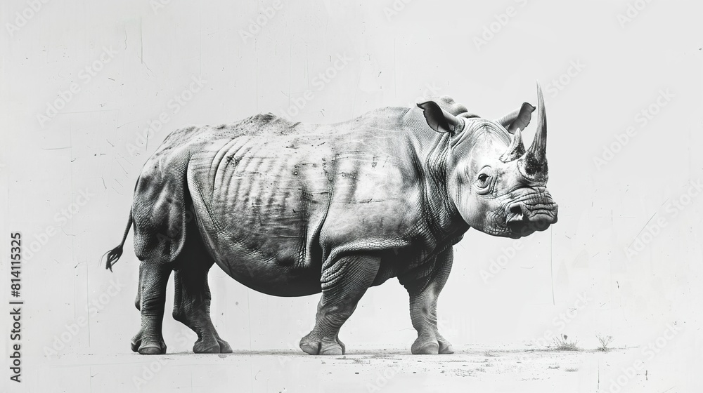 Rhinoceros side full body illustration, focus printmaking style, pen ...