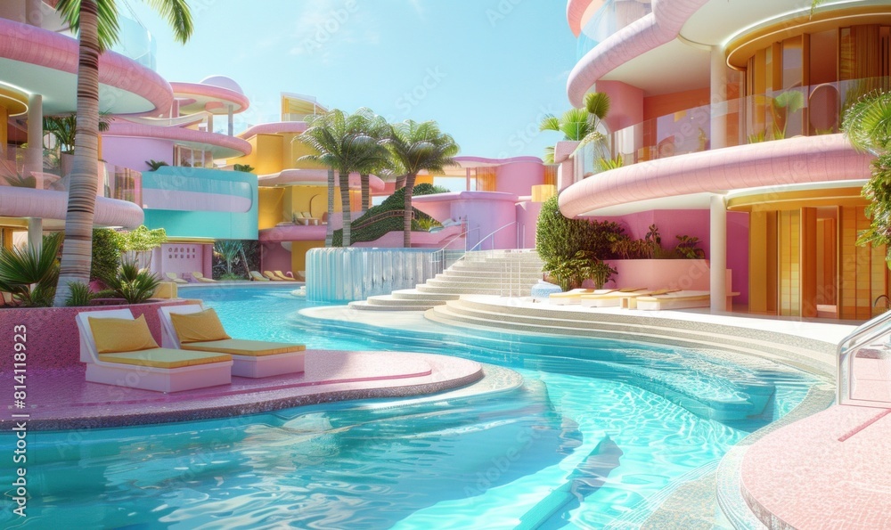 Luxurious Tropical Resort with Pool in marshmallow colors in the style ...