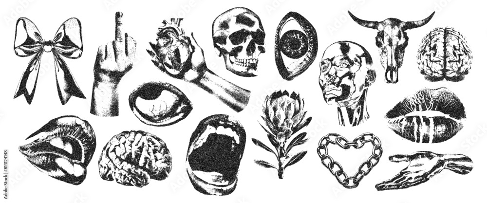 Mouth, heart, brain, head, scream, hand, flower, bow ribbon with ...